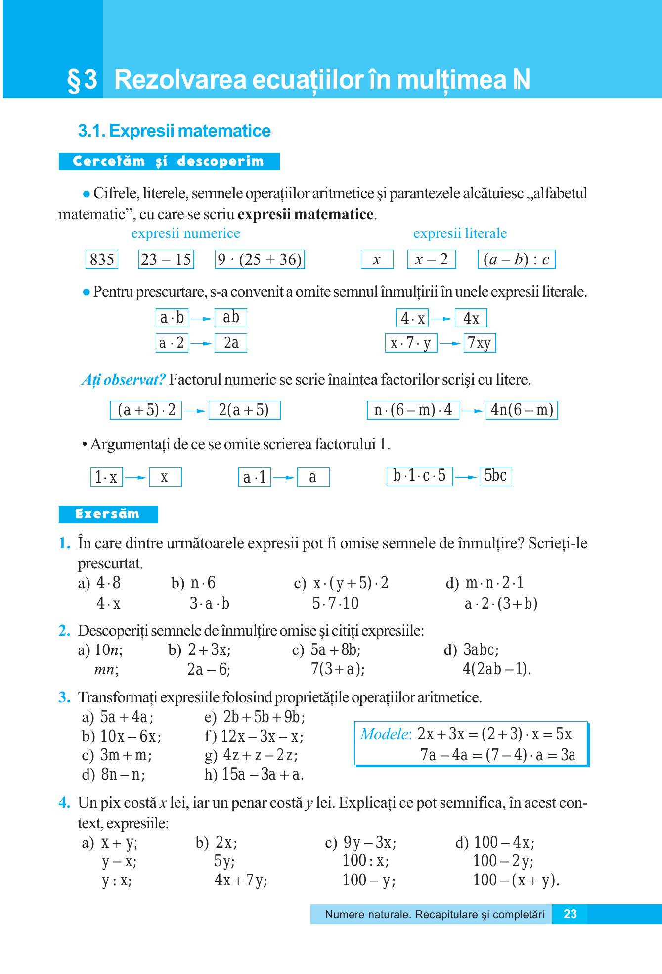 Matematica, clasa 6, Numere naturale. Recapitulare și completări. Numere întregi.