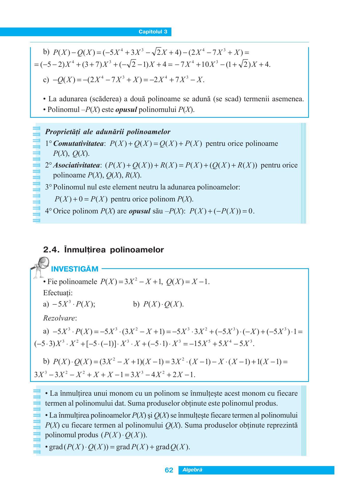 Matematica, Clasa IX. Algebra. Cap.3 Polinoame și fracții algebrice Editura Prut Internațional 2016