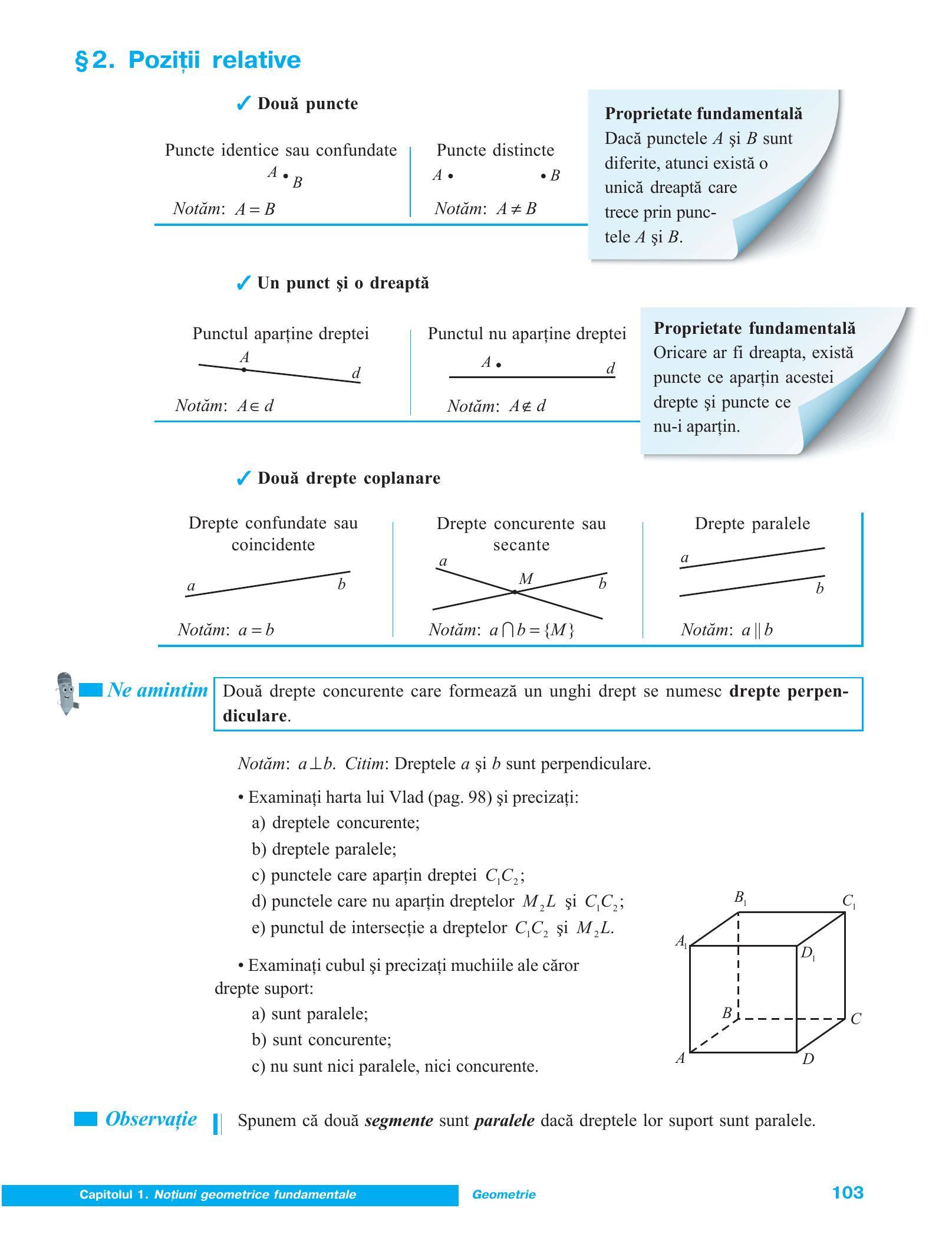 Matematica, clasa 7, Puncte, drepte, plane. Poziții relative. Distanțe ...