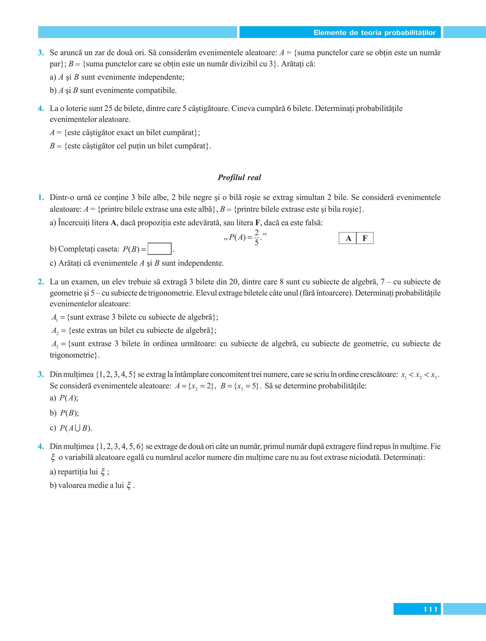 Manual MATEMATICA, clasa 12, Editura Prut, 2023, Modulul 5, Elemente de teoria probabilităților ...